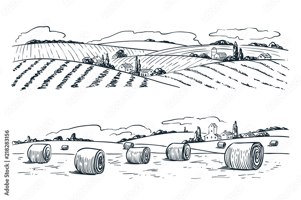 Farming fields landscape, vector sketch illustration. Agriculture and ...