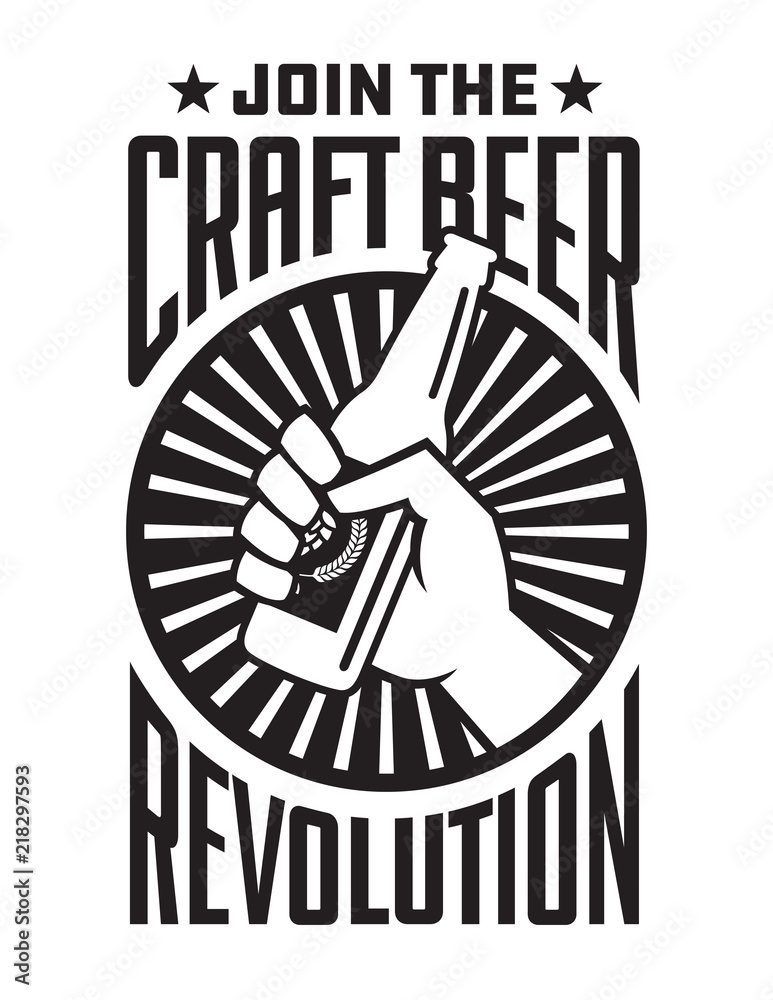 Craft Beer Revolution vector badge or label design. Fist holding a ...