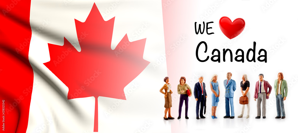 we love Canada, A group of people pose next to the Canadian flag Stock ...