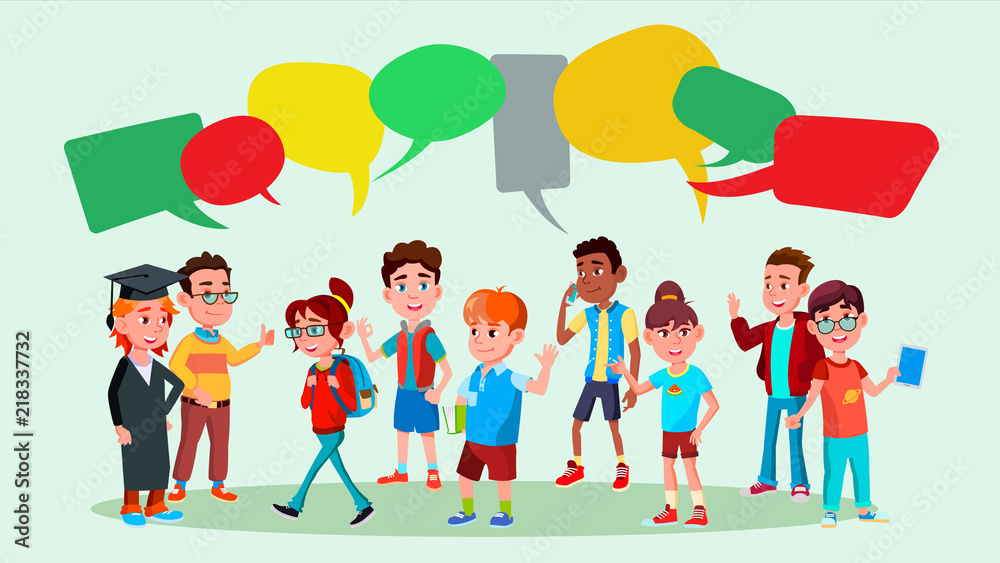 Group Of Pupils Vector. School. Discussing. Brainstorming. Talking ...