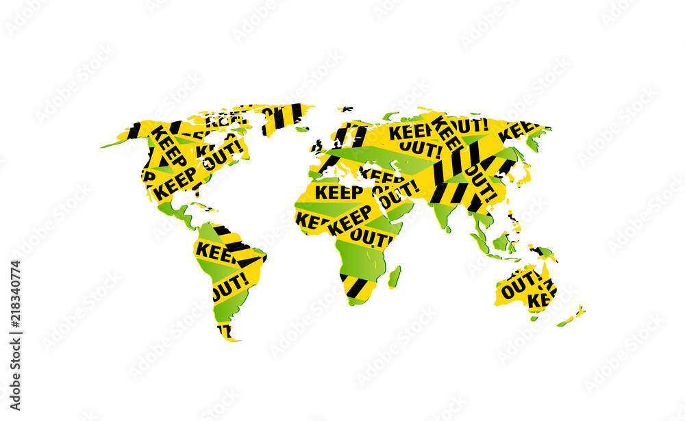 World map decorated - Keep out police yellow ribbon, warning signs ...
