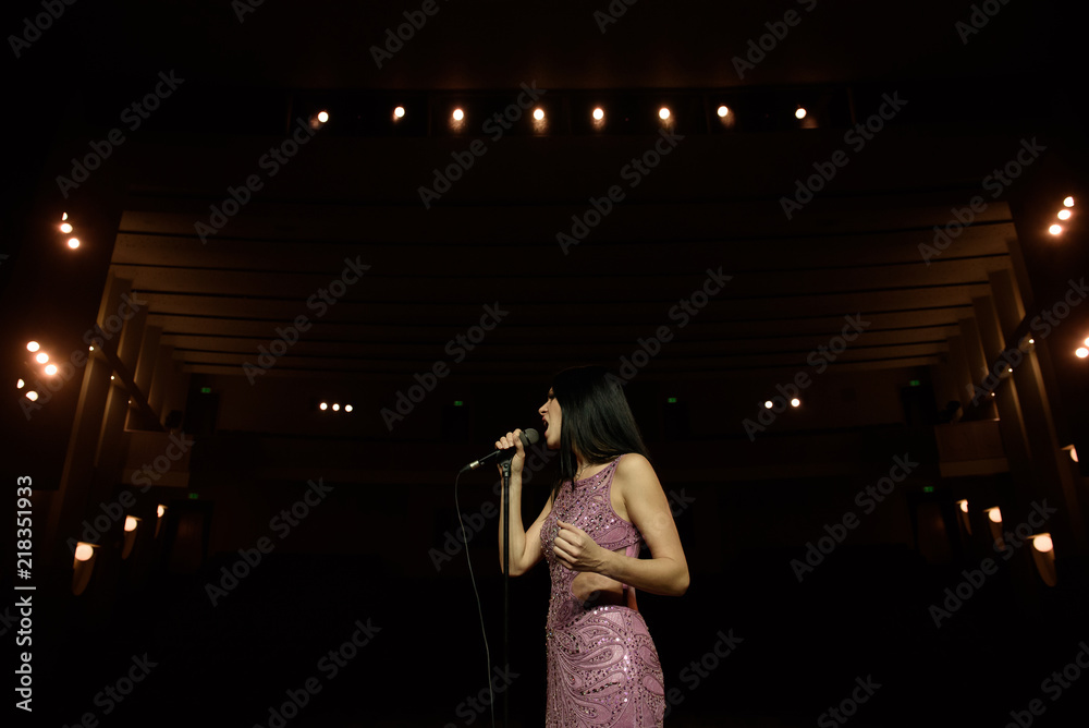 Beautiful singer against the auditorium. Back view girl in long gown ...