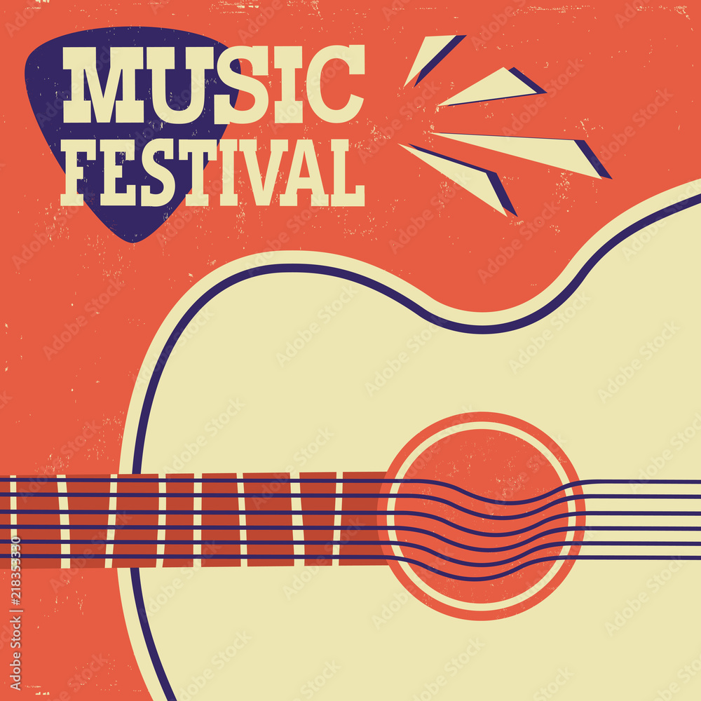 Music poster retro background with acoustic guitar on old paper Stock ...