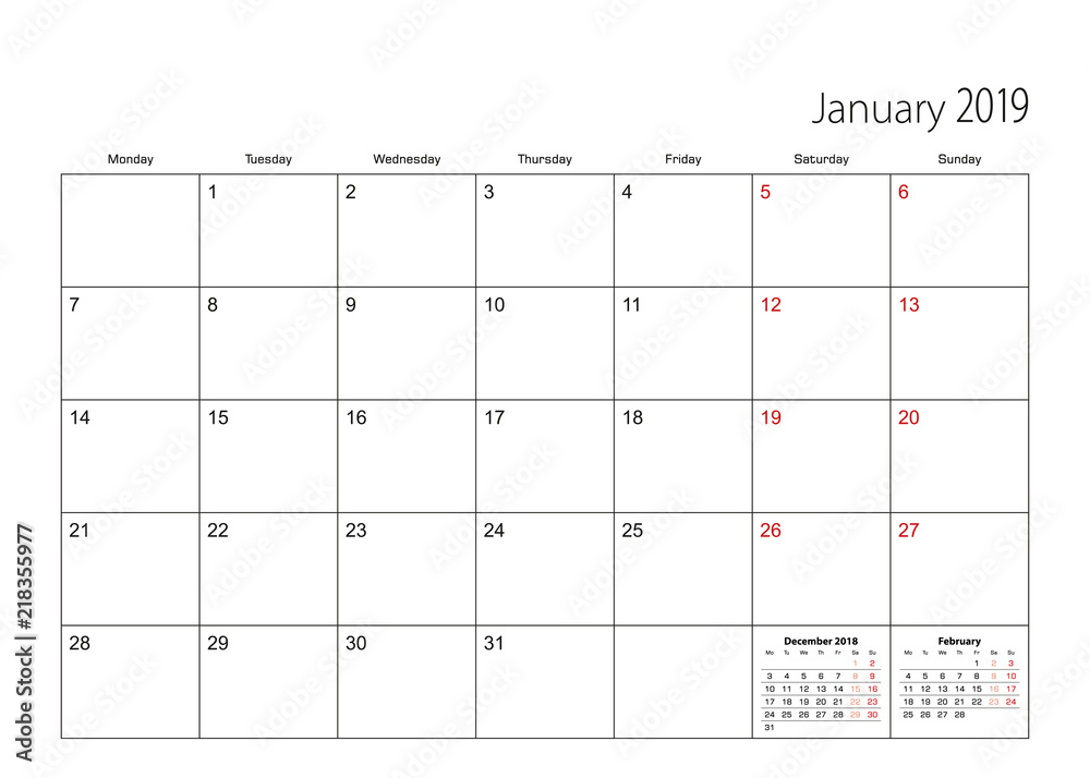 January 2019 simple calendar planner, week starts from Monday. Stock ...