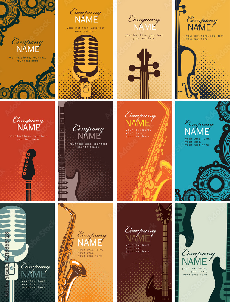 Vector set of twelve vertical business cards with musical instruments ...