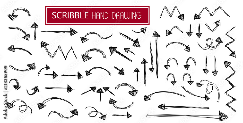 Big set black scribble arrows icons in hand drawn style. Doodle arrow ...