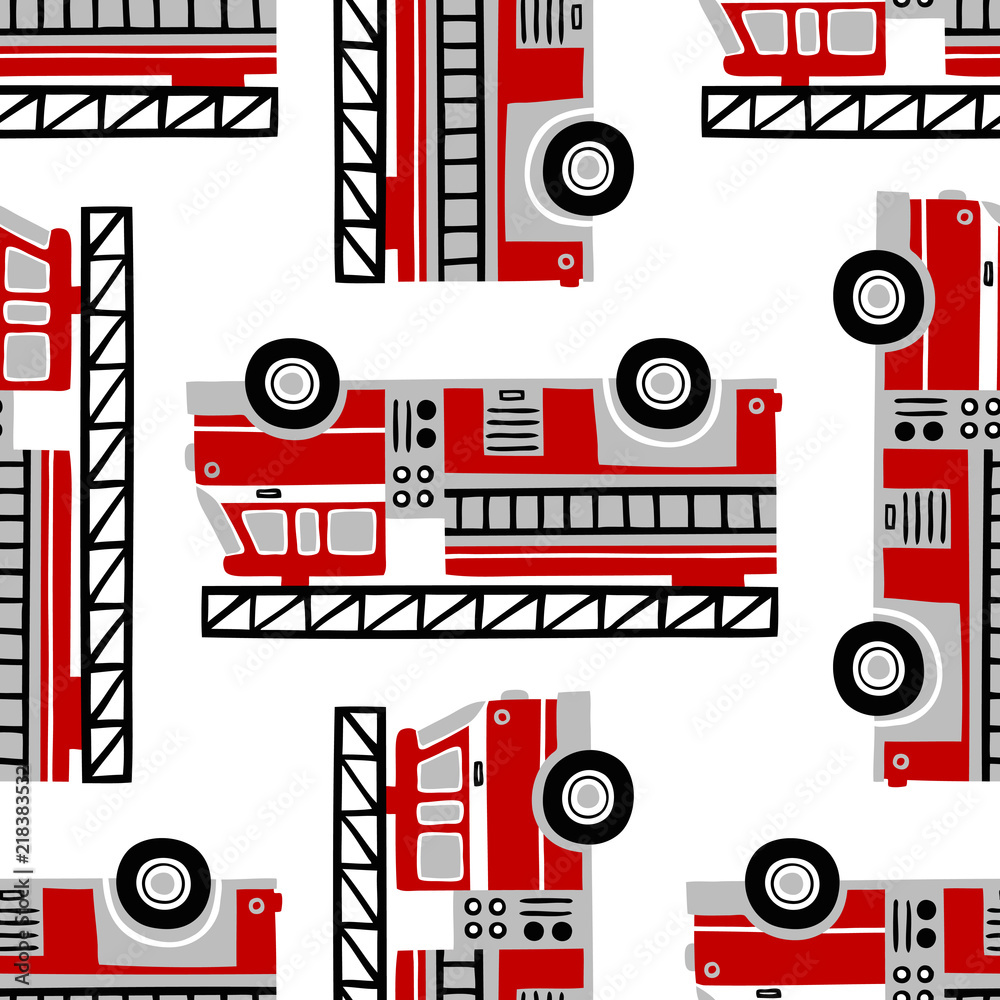 Hand drawn fire trucks seamless vector pattern on white background ...