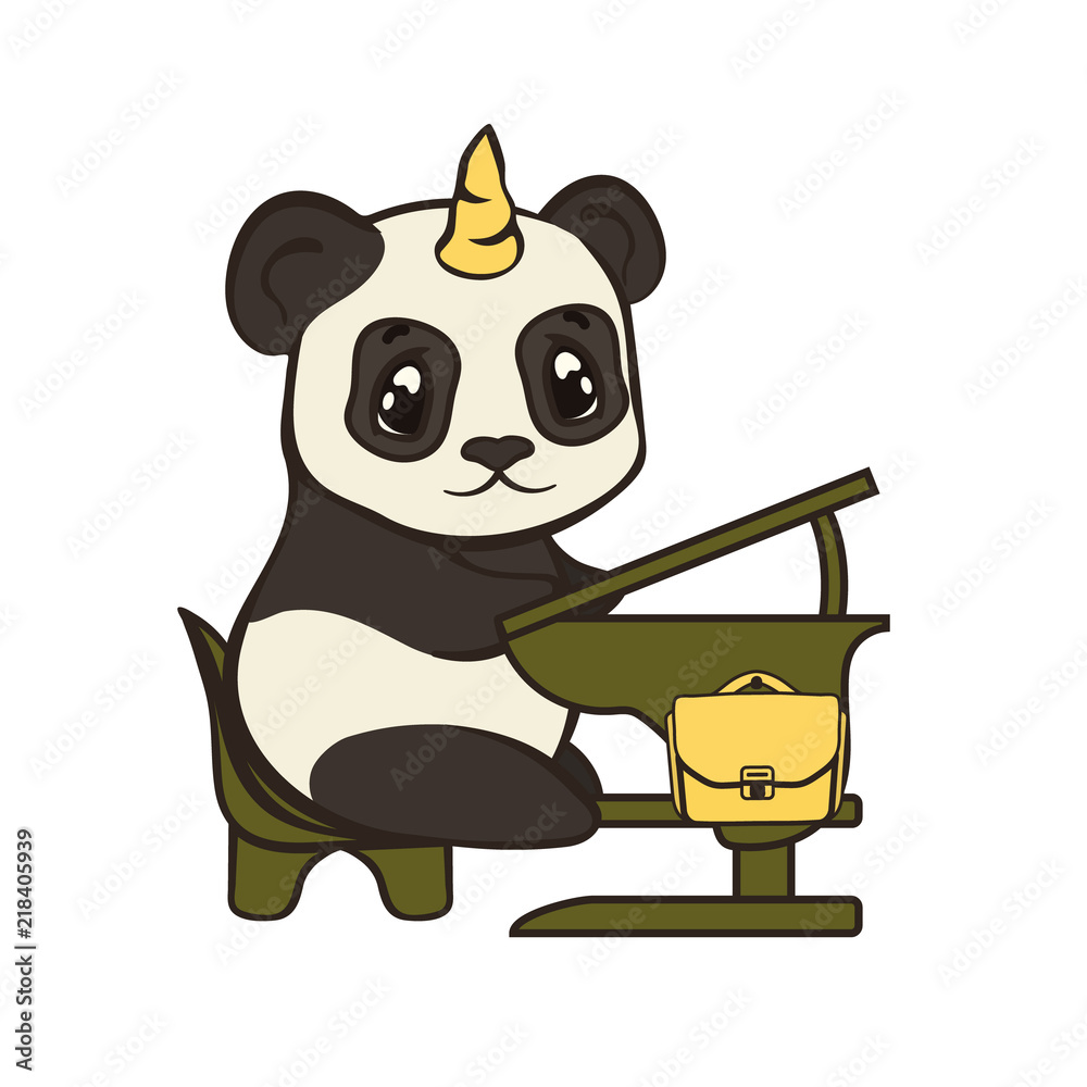 Cute panda bear character with unicorn horn sits at school desk. Back ...