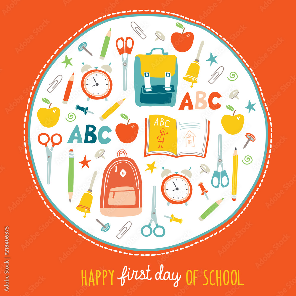 First day of school background. Card concept. Poster design. Set of ...