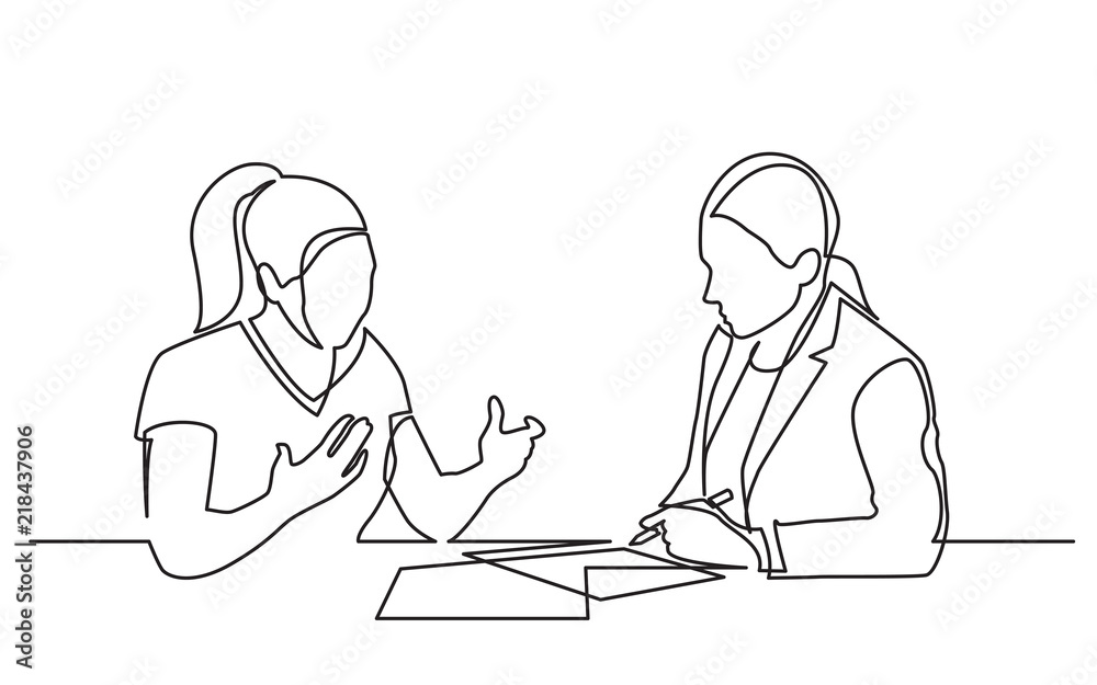 continuous line drawing of two women discussing signing paperworks ...
