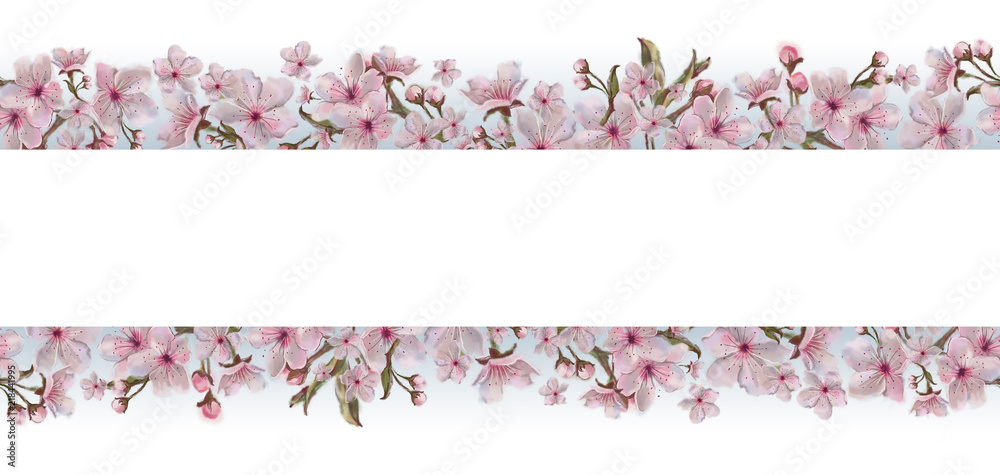 Pink Flowers Seamless Banner Template Isolated on White with Text Copy ...