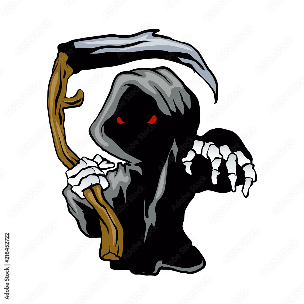 cartoon Grim Reaper with red eyes holding a scythe.Vector illustration ...
