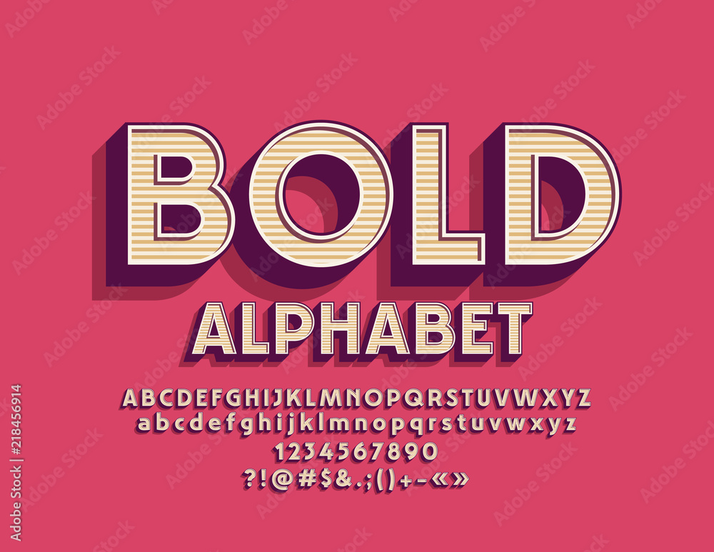Vector Vintage Bold Font. Bright 3D Alphabet Letters, Numbers and ...