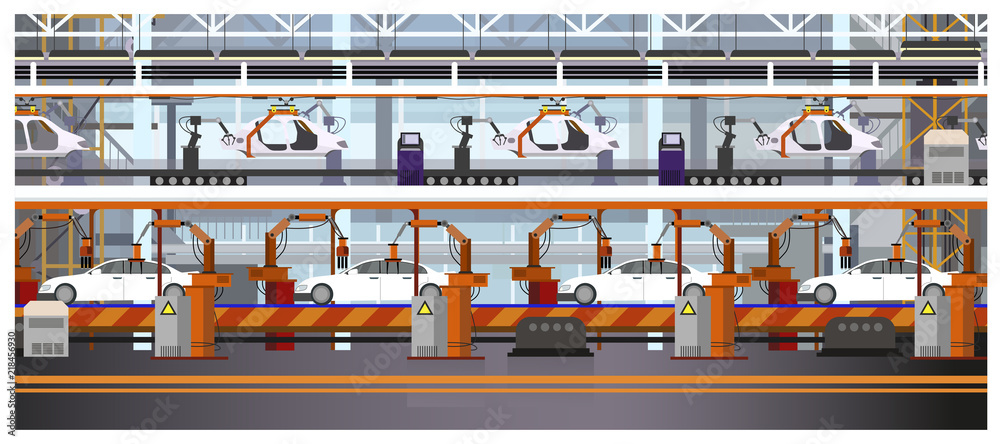 Car assembly line vector illustration. Automated automobile production ...