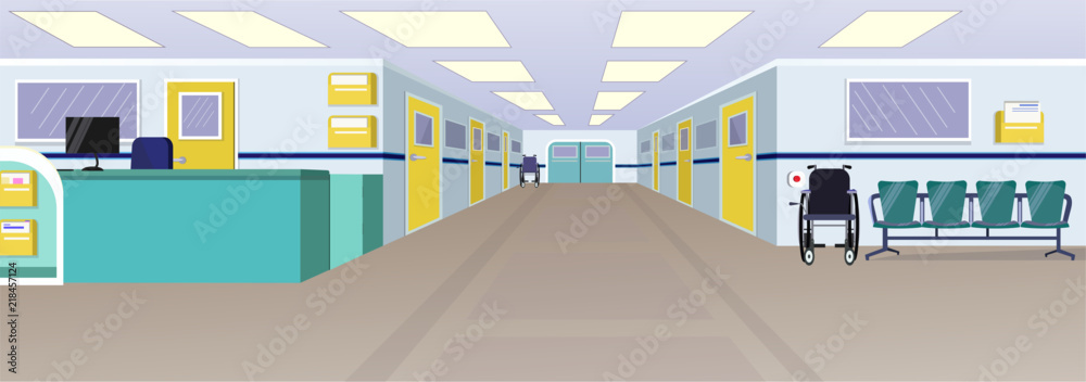 Hospital hall with reception, doors in corridor and chairs vector ...