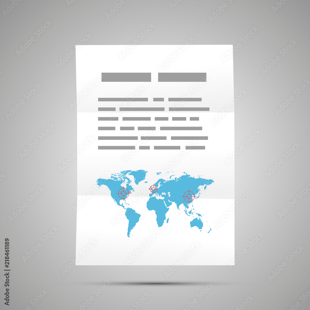 Report with world map, A4 size document icon with shadow on gray Stock ...