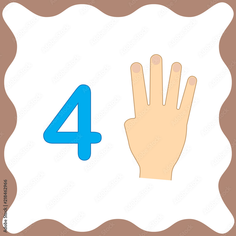 Number 4 (four), educational card, learning counting with fingers of ...