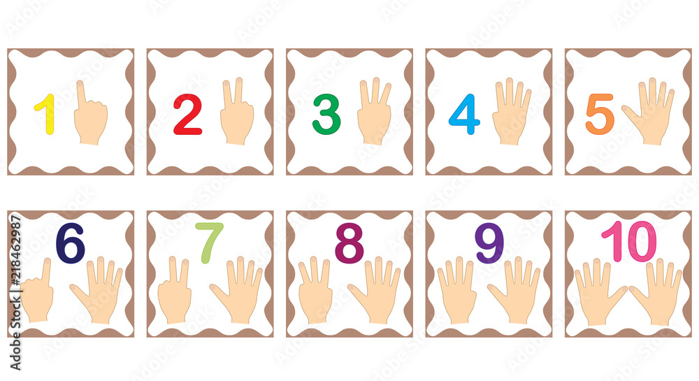 Learning numbers, mathematics with fingers of hand. Flash cards with ...