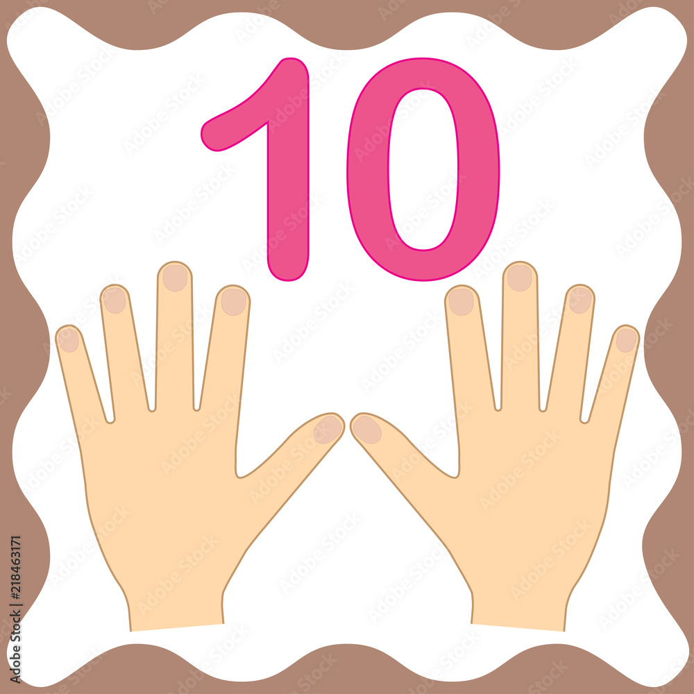 Number 10 (ten), educational card, learning counting with fingers of hand, mathematics. Vector ...