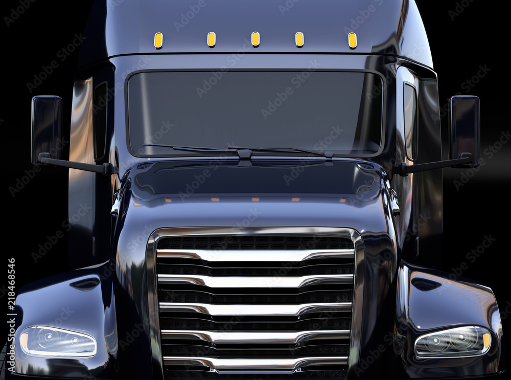 Close-up view of black fuel cell powered American truck on black ...