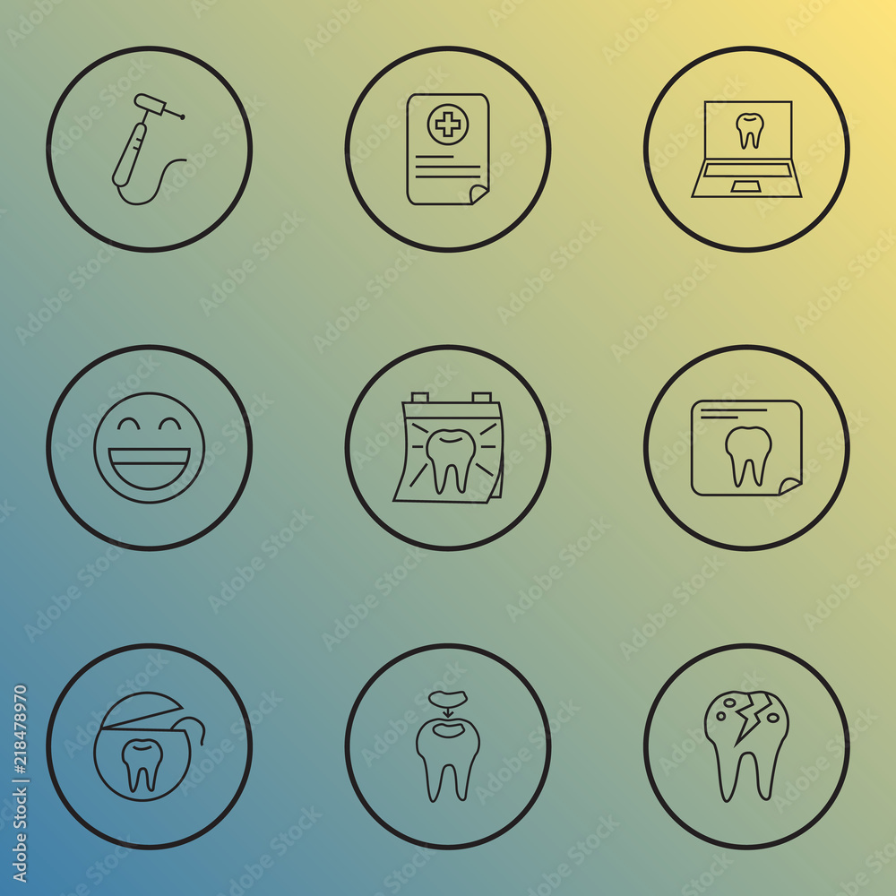 Tooth icons line style set with smile, cracked tooth, tooth x-ray and ...