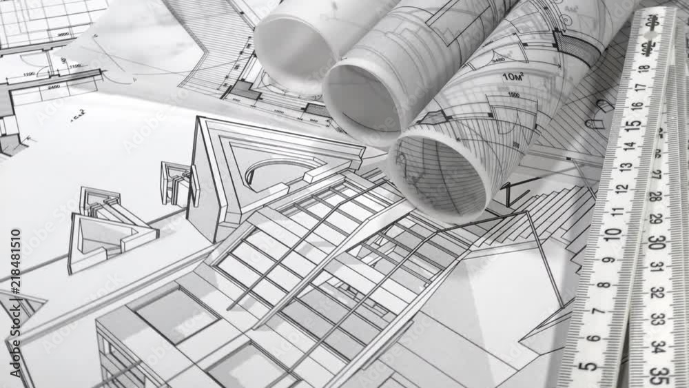 Blueprints - rolls of architectural drawings, yardstick - folding ruler ...