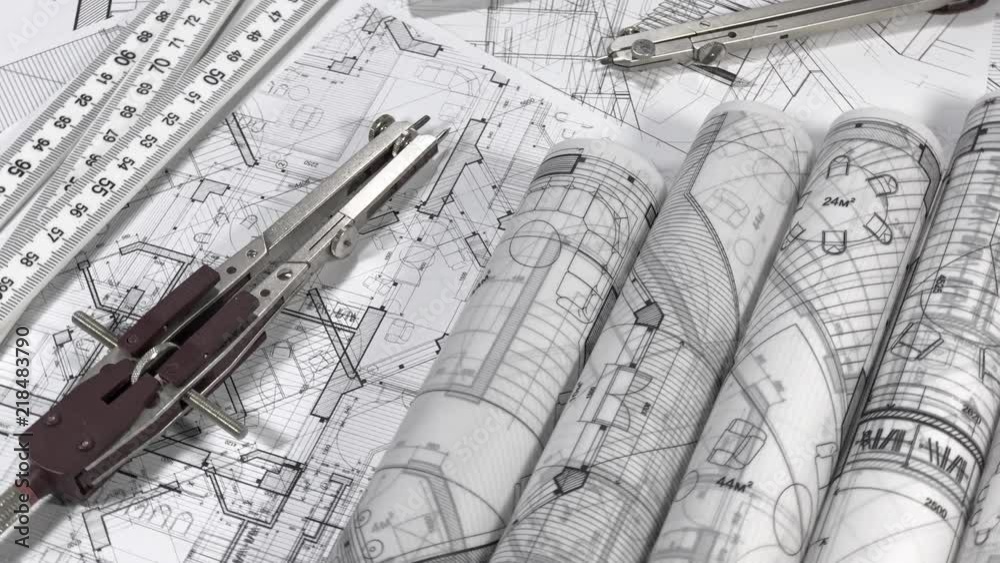 Blueprints - rolls of architectural drawings, yardstick - folding ruler ...