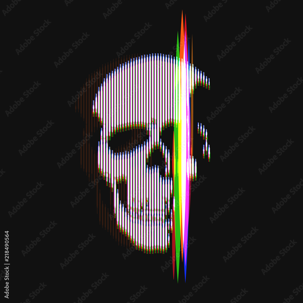 Human skull in distorted glitch style on black background. Modern ...