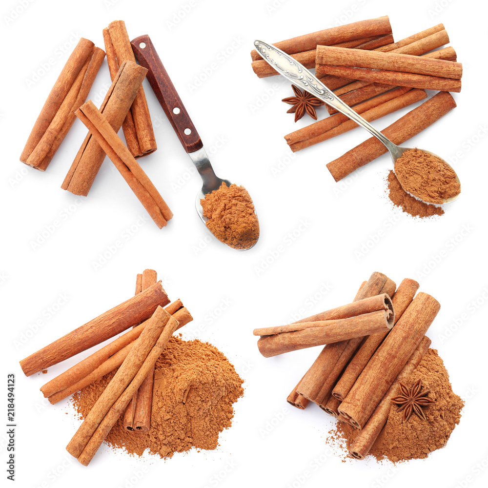 Set with aromatic cinnamon sticks and powder on white background, top ...