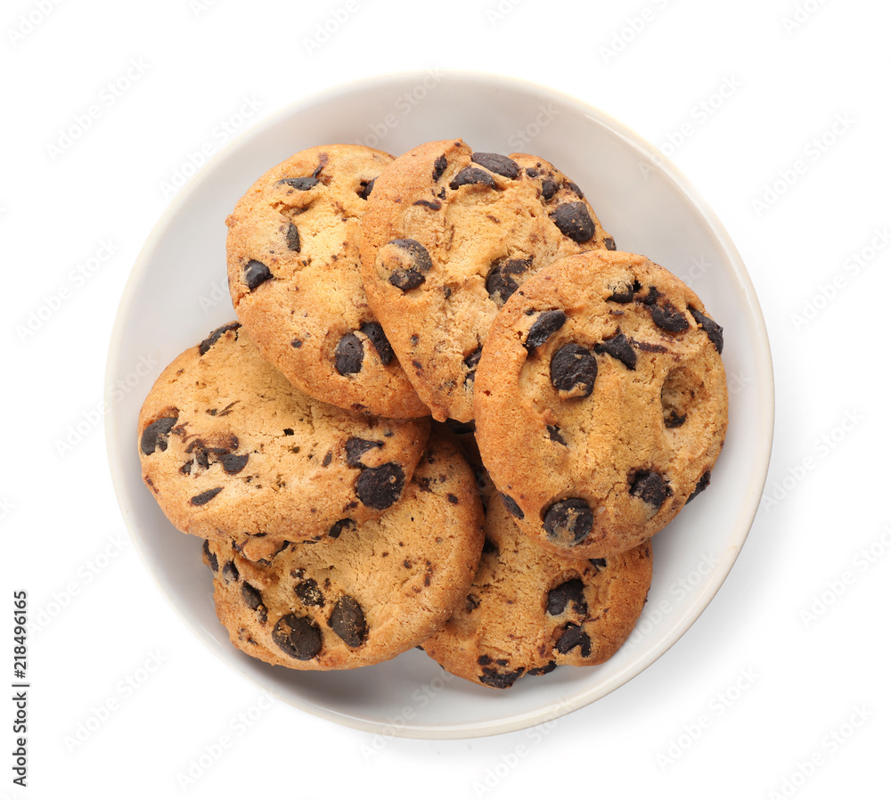 Plate with chocolate chip cookies on white background, top view Stock ...