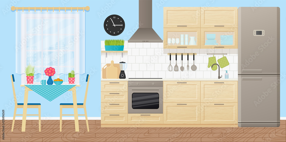 Kitchen interior. Vector. Room with appliances, furniture - dining ...
