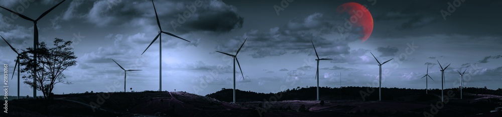 Halloween moon and sky concept from panorama view of wind turbine ...