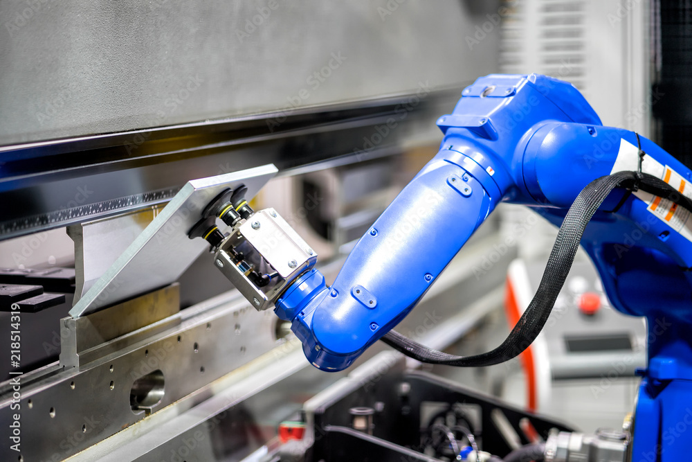 Hand robot working automatic cutting and bending metal sheet by high ...