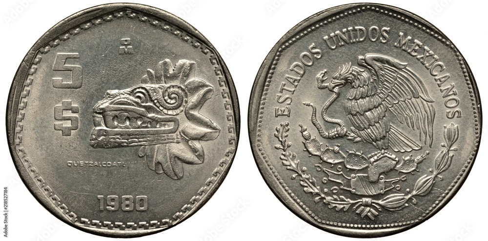 Mexico Mexican silver coin 5 five pesos 1980, head of feathered serpent ...