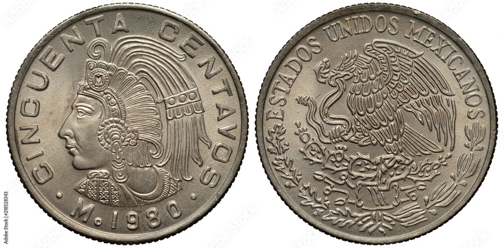 Mexico Mexican coin 50 fifty centavo 1980, rare year, Chief Cuauhtémoc ...