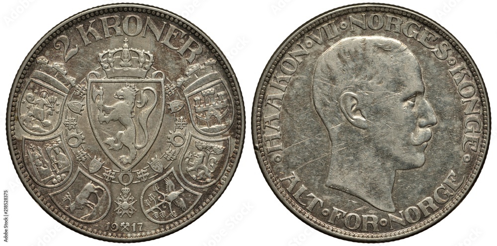 Norway Norwegian silver coin 2 two kroner 1917, crowned shield with ...