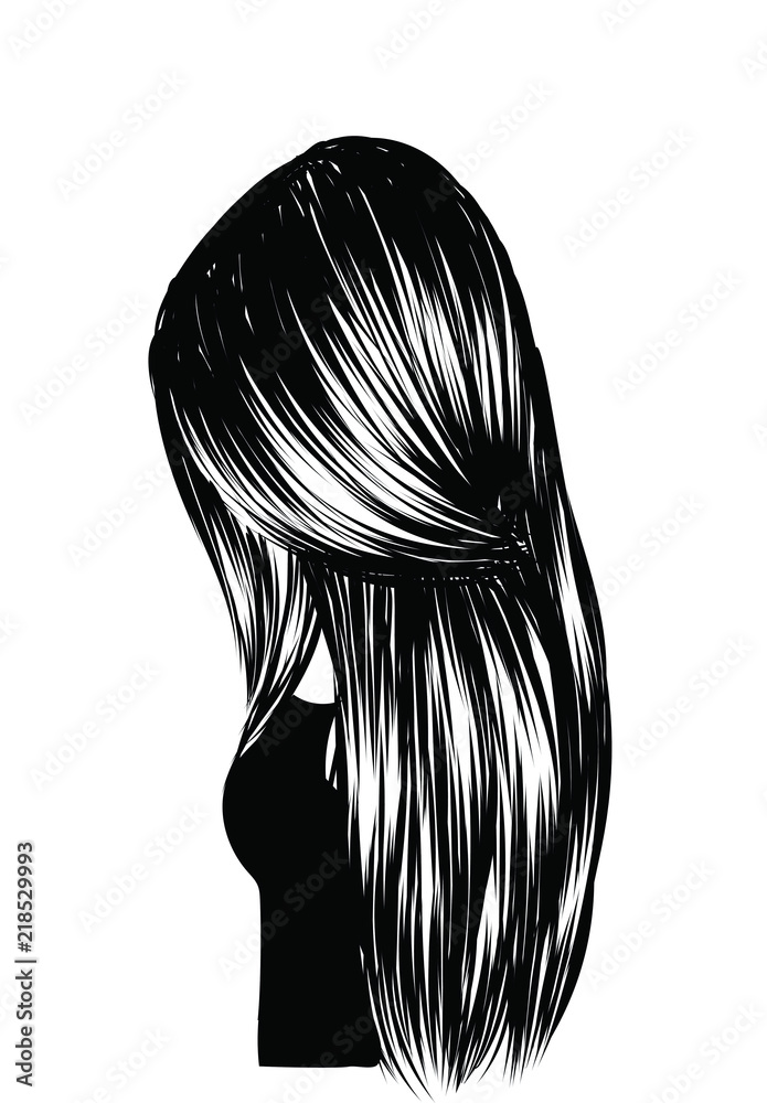 Illustration Of A Girl With Long Flowing Hair Covering Her Face Hand
