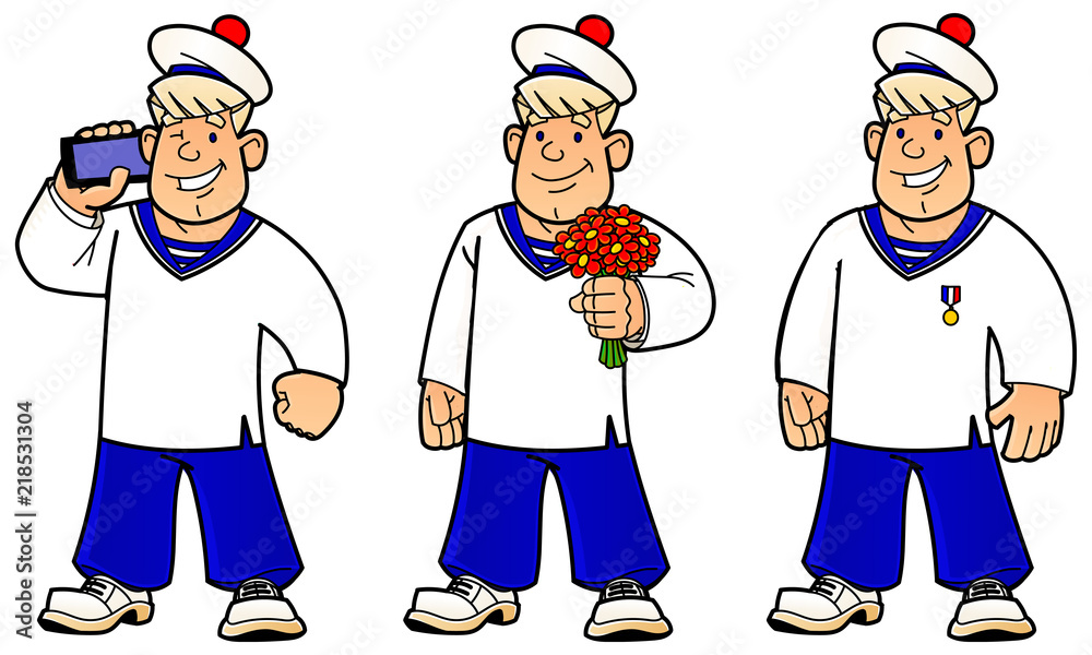 Cartoon young sailor. Seamans on the shore.. A set of images. Stock ...