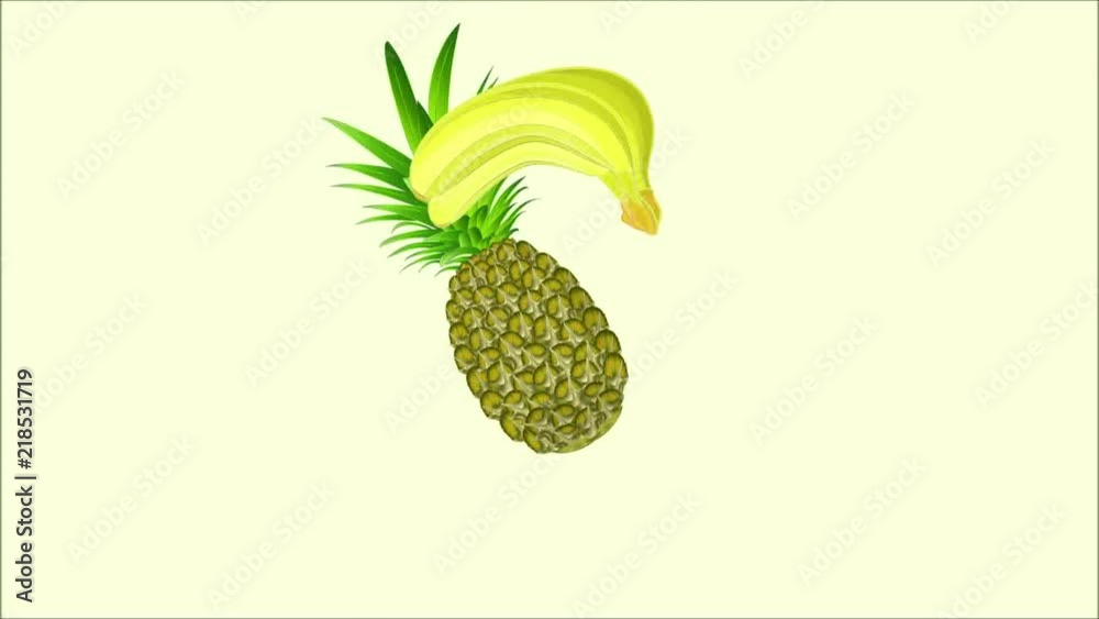 Video seamless loop tropical fruits ,pineapple ,banana with tropical leaves ficus,palm ...