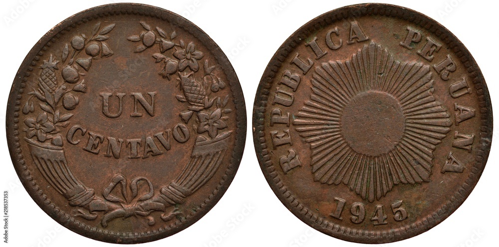 Peru, Peruvian coin 1 one centavo 1945, value flanked by two horns of ...