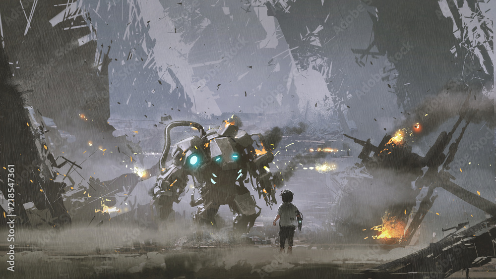 scene of the boy looking at the damaged robot who protected him from ...