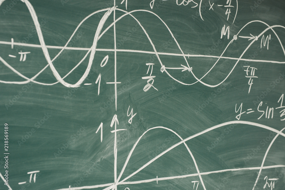 Trigonometry. School Chalkboard Function graphs Math lesson. Stock ...