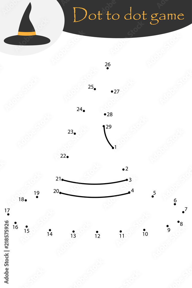Witch hat in cartoon style, halloween dot to dot game, coloring page ...