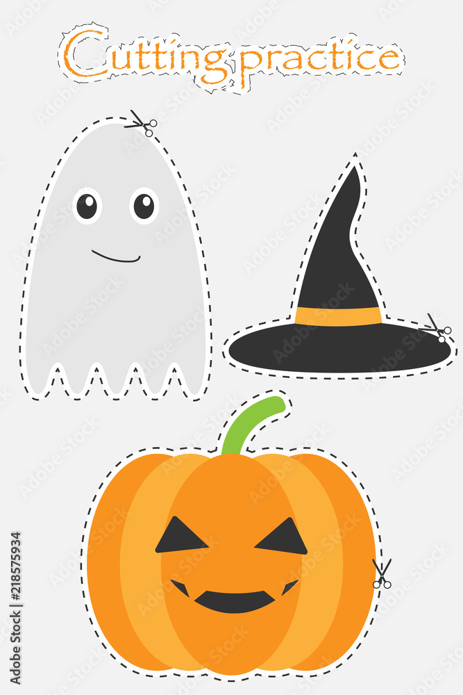 Pumpkin, witch hat and ghost in cartoon style, halloween cutting ...