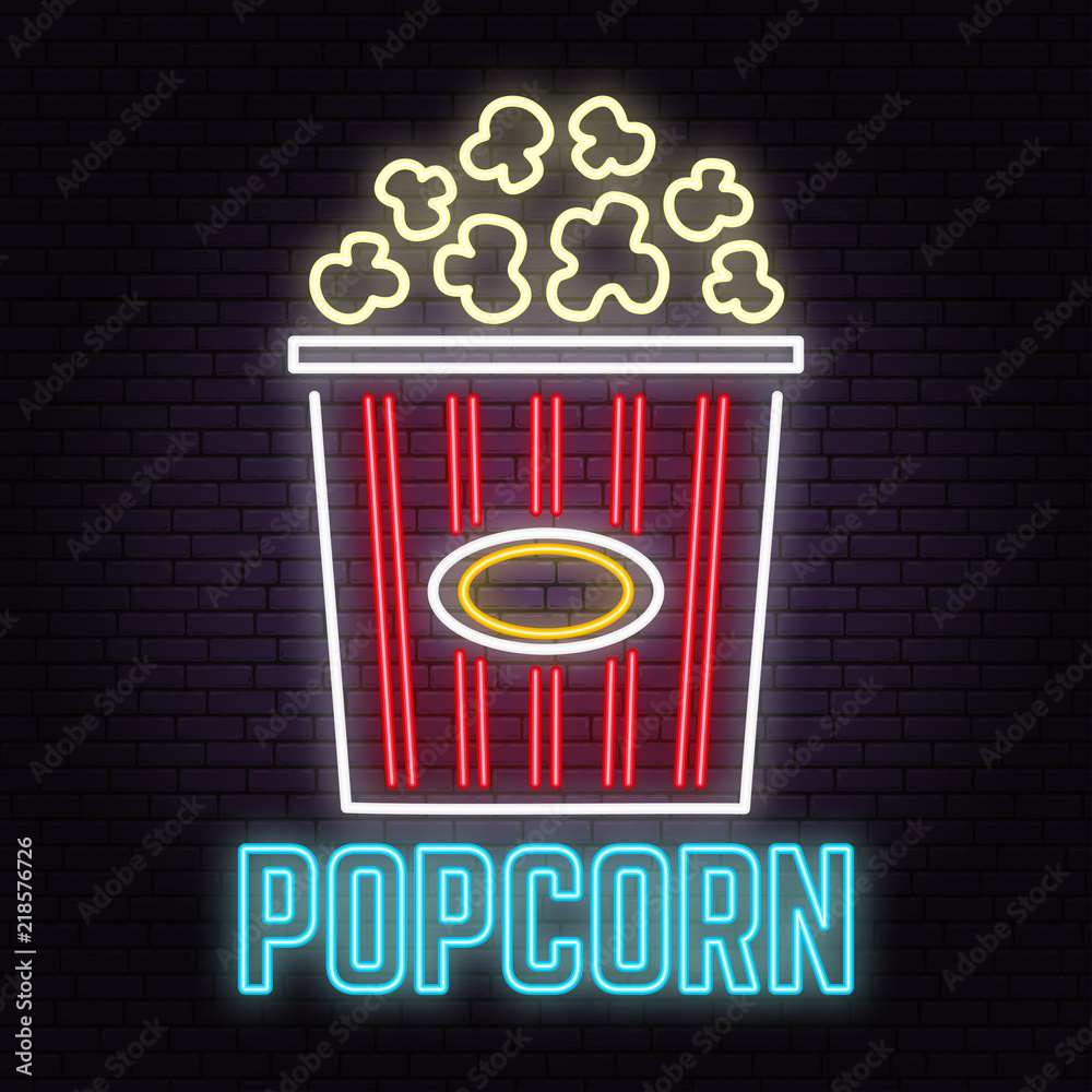 Retro neon popcorn sign on brick wall background. Stock Vector | Adobe ...