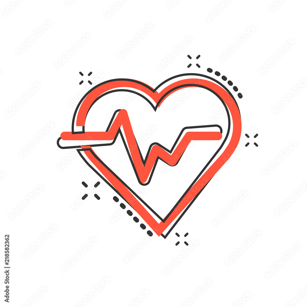 Vector cartoon heartbeat line with heart icon in comic style. Heartbeat ...