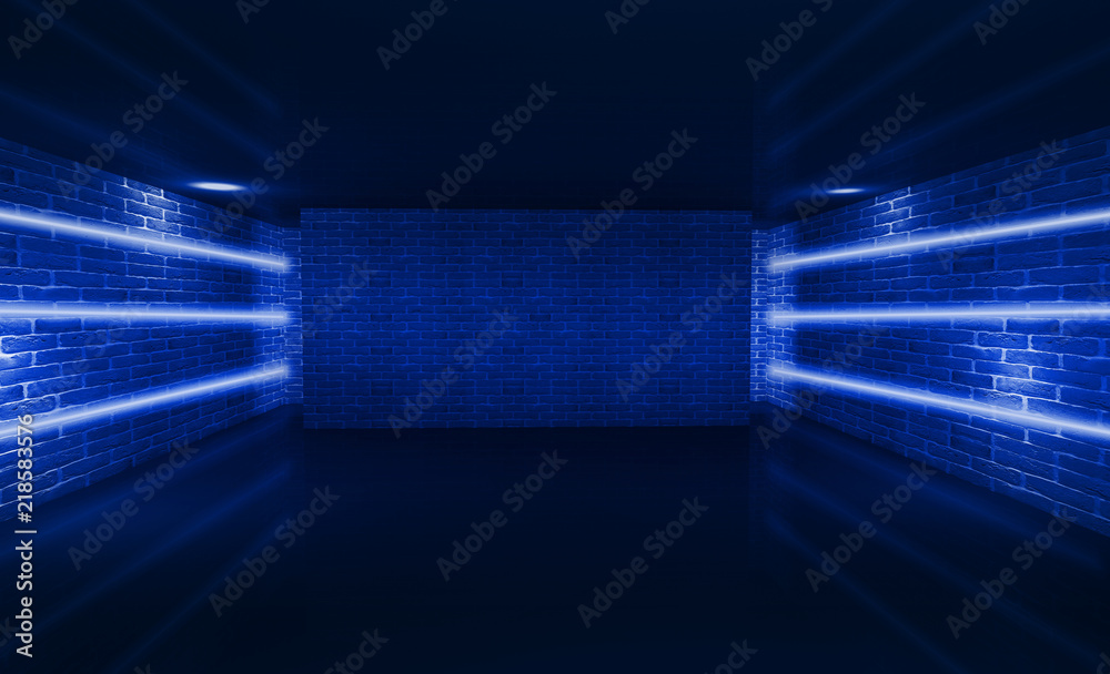 Background of an empty corridor with brick walls and neon light. Brick walls, neon rays and glow ...