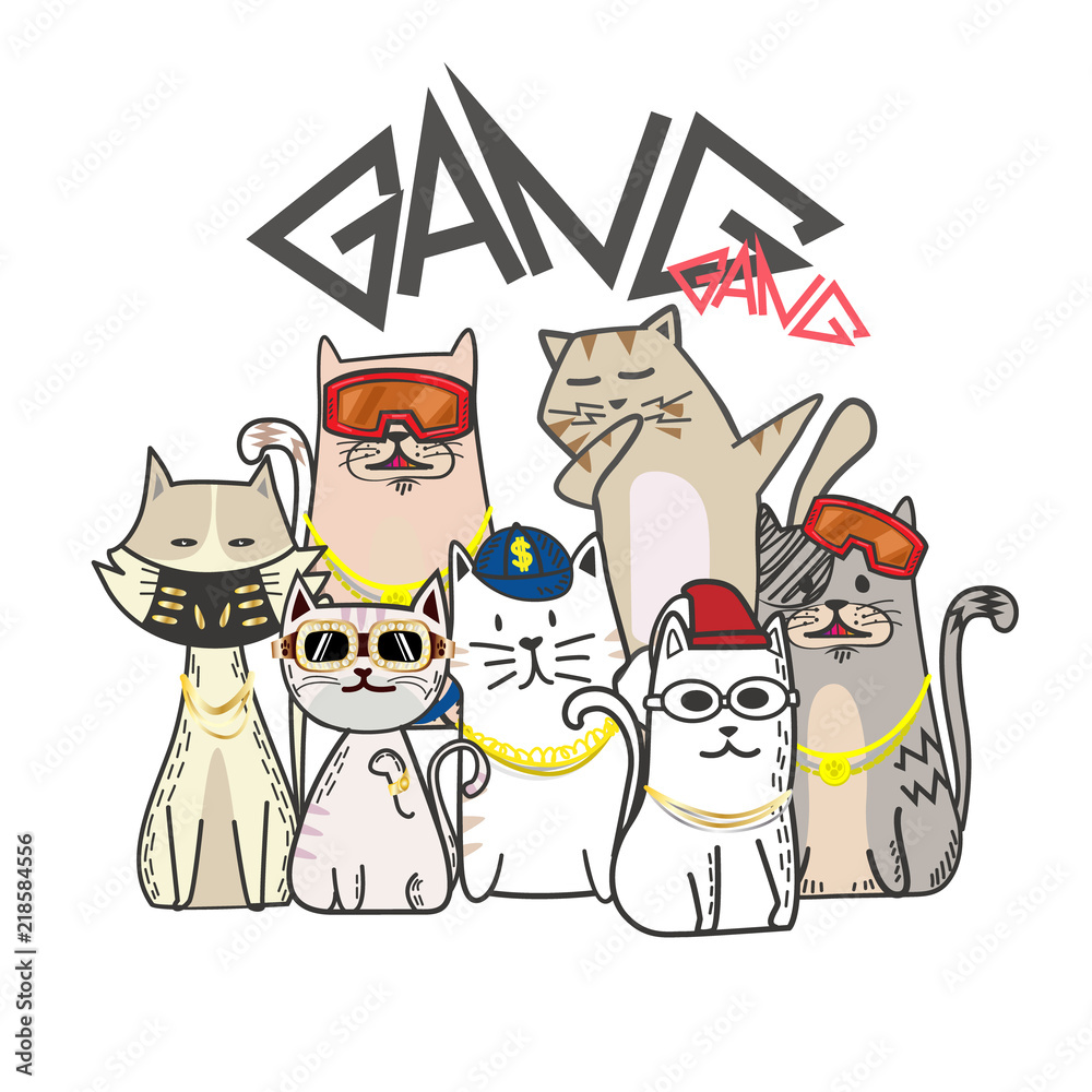 Cute cat gang with hand drawn cartoon. Hip Hop style Stock Vector ...