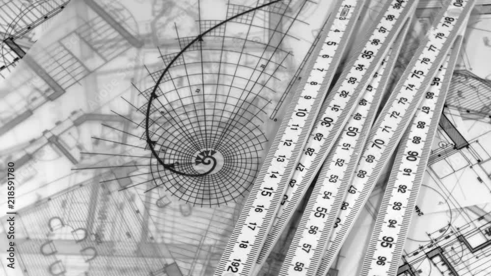 Blueprints: architectural drawings, drawing of the golden section and ...