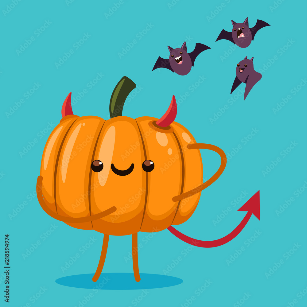 Cute Halloween pumpkin character in a devil costume and bats. Vector ...
